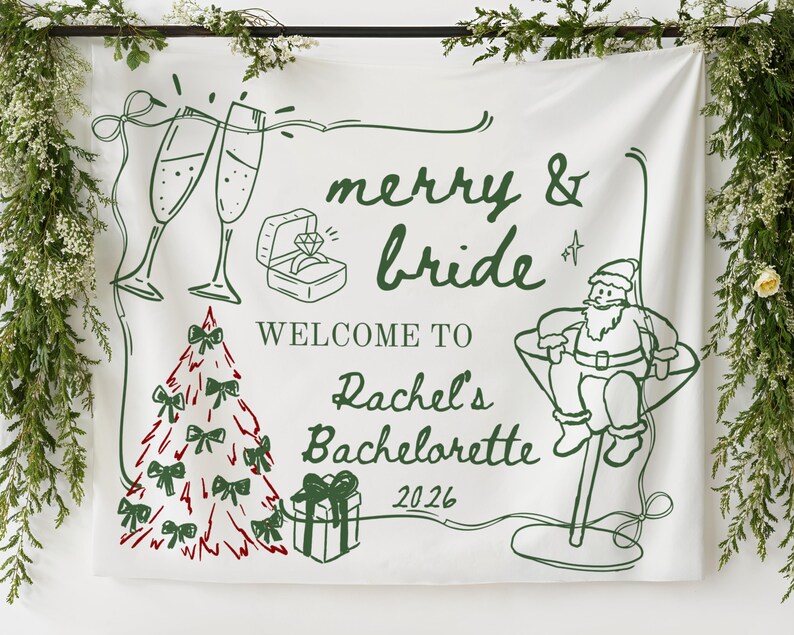 Merry and Bride Banner Custom Christmas Bachelorette Decor Winter ...