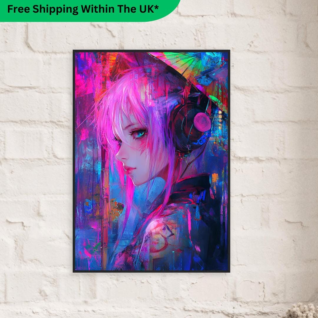 Neon Echo - Cyberpunk Anime Girl Wall Art – Futuristic Digital Painting ...
