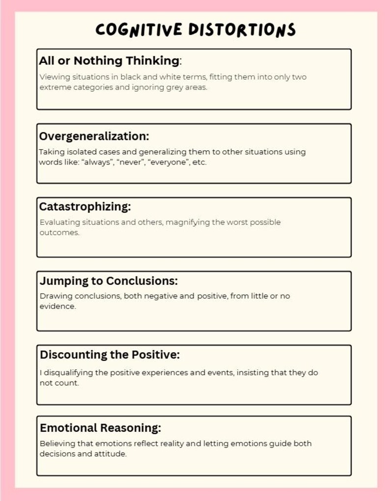 CBT Cognitive Distortions Therapy Worksheet Thought Reframing & Mental ...