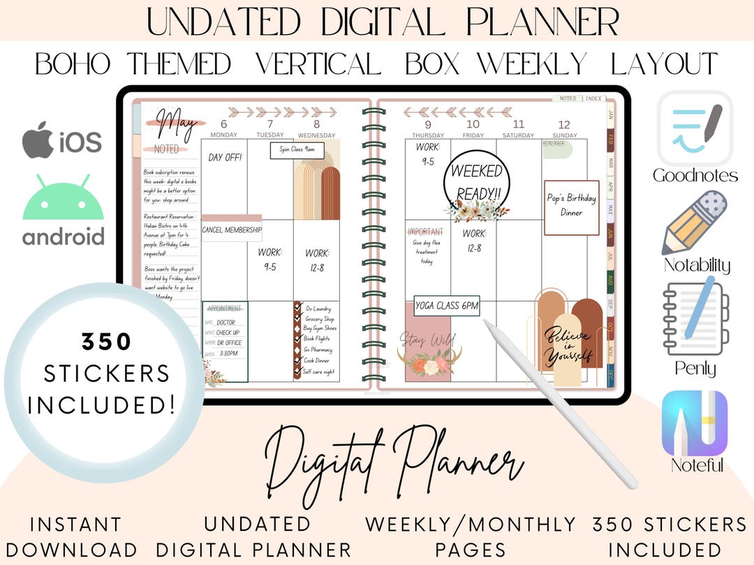 Boho Undated Digital Planner: Weekly Layout, 350 Stickers (goodnotes ...