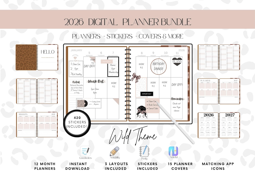 2026 Digital Planner Bundle: Leopard Print Design. Stickers, Covers ...
