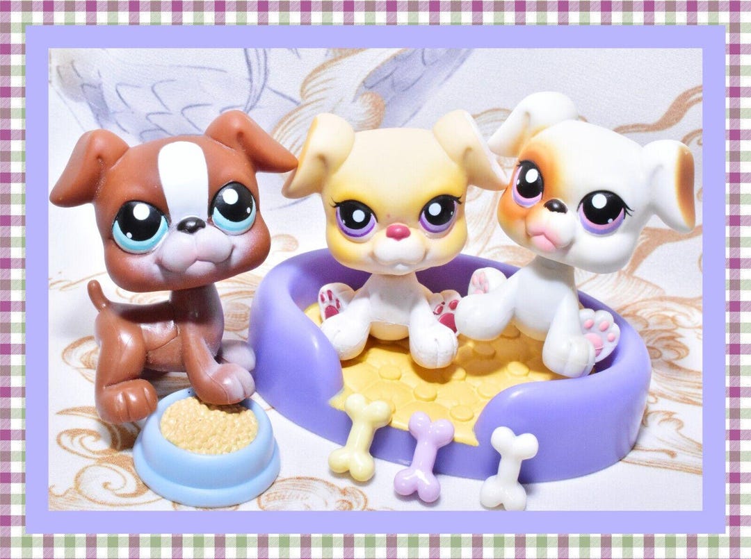 Authentic Littlest Pet Shop LPS 83 84 451 Boxer Dog Puppy Triplets Food ...