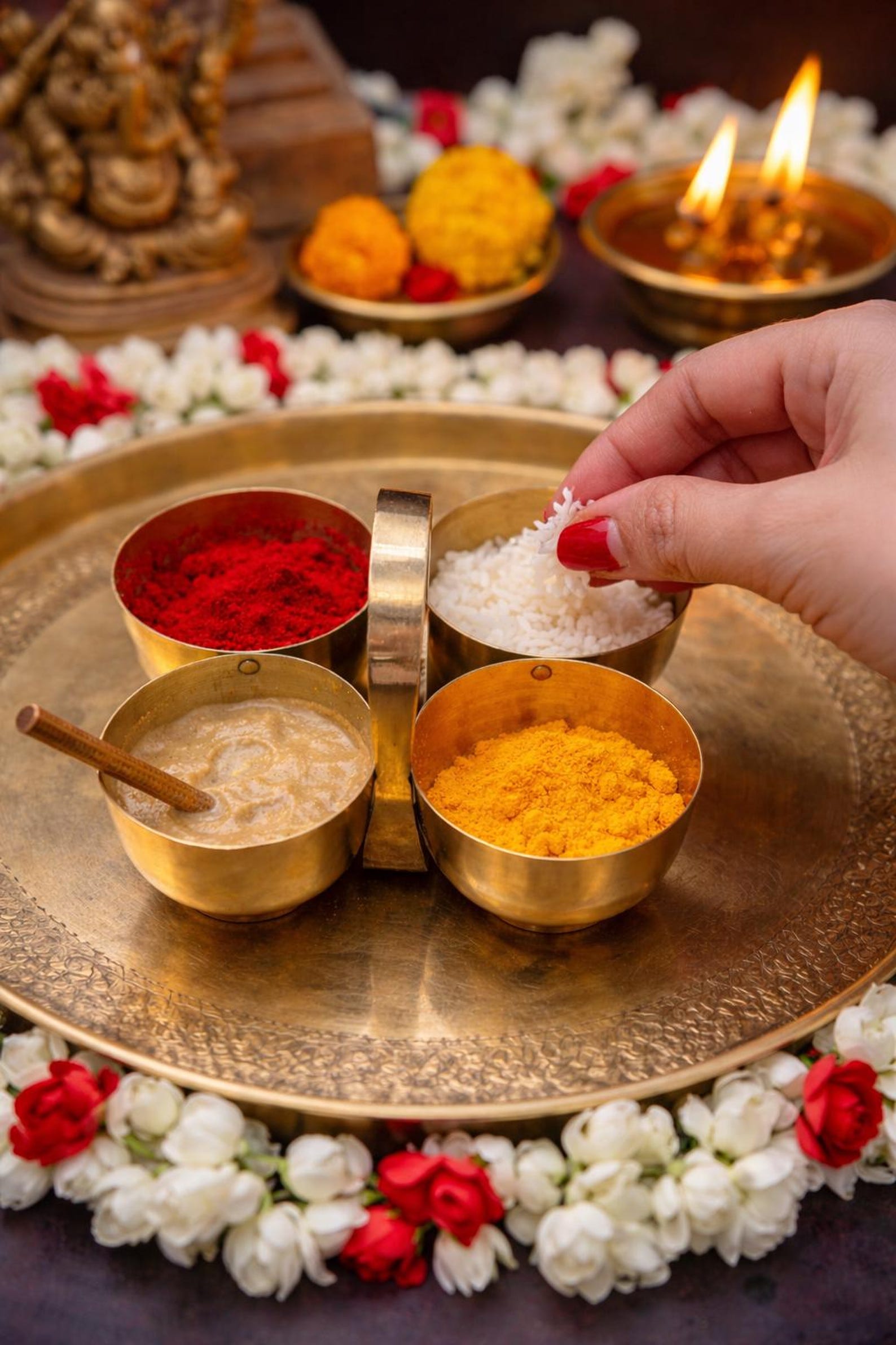 Brass Pooja Bowl Set | Chowmukh Roli Rice Holder for Home Temple - Etsy