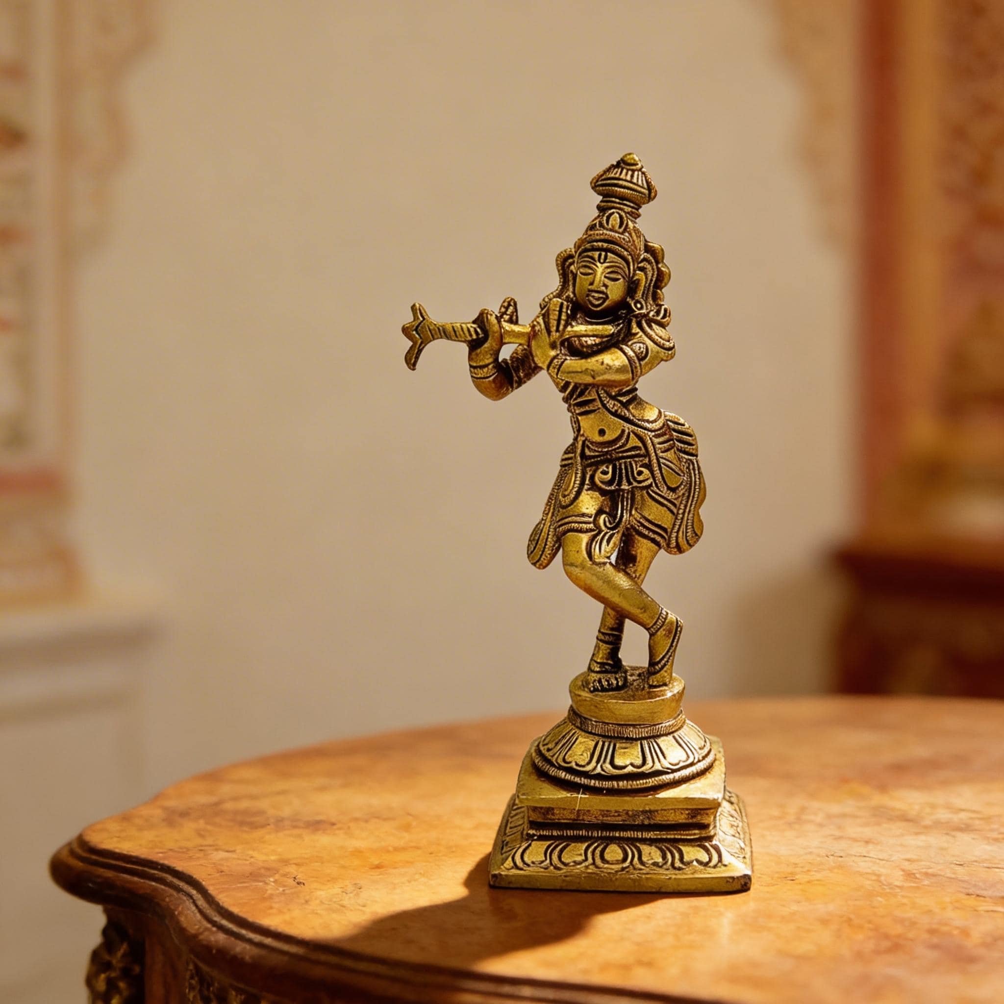 Brass Krishna Flute Idol Handmade Hindu Home Pooja Decor Spiritual Gift ...
