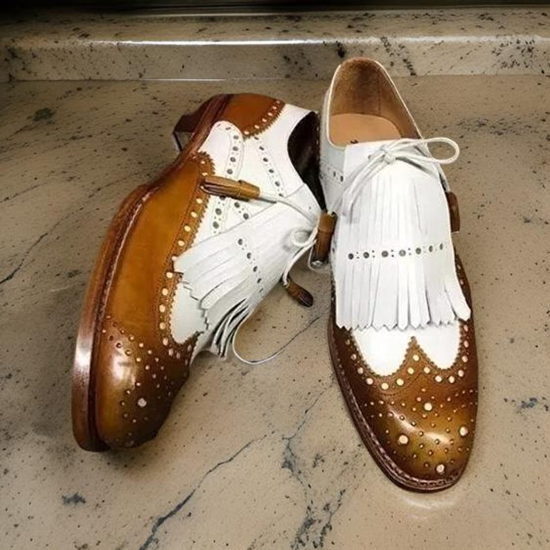 New Handmade Brown & White Leather Brogue Wingtip Moccasin Fringes ...