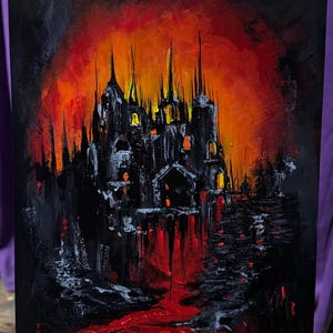Where the Sky Burns - Old Castle Painting on Burning Red Sky, Acrylic ...