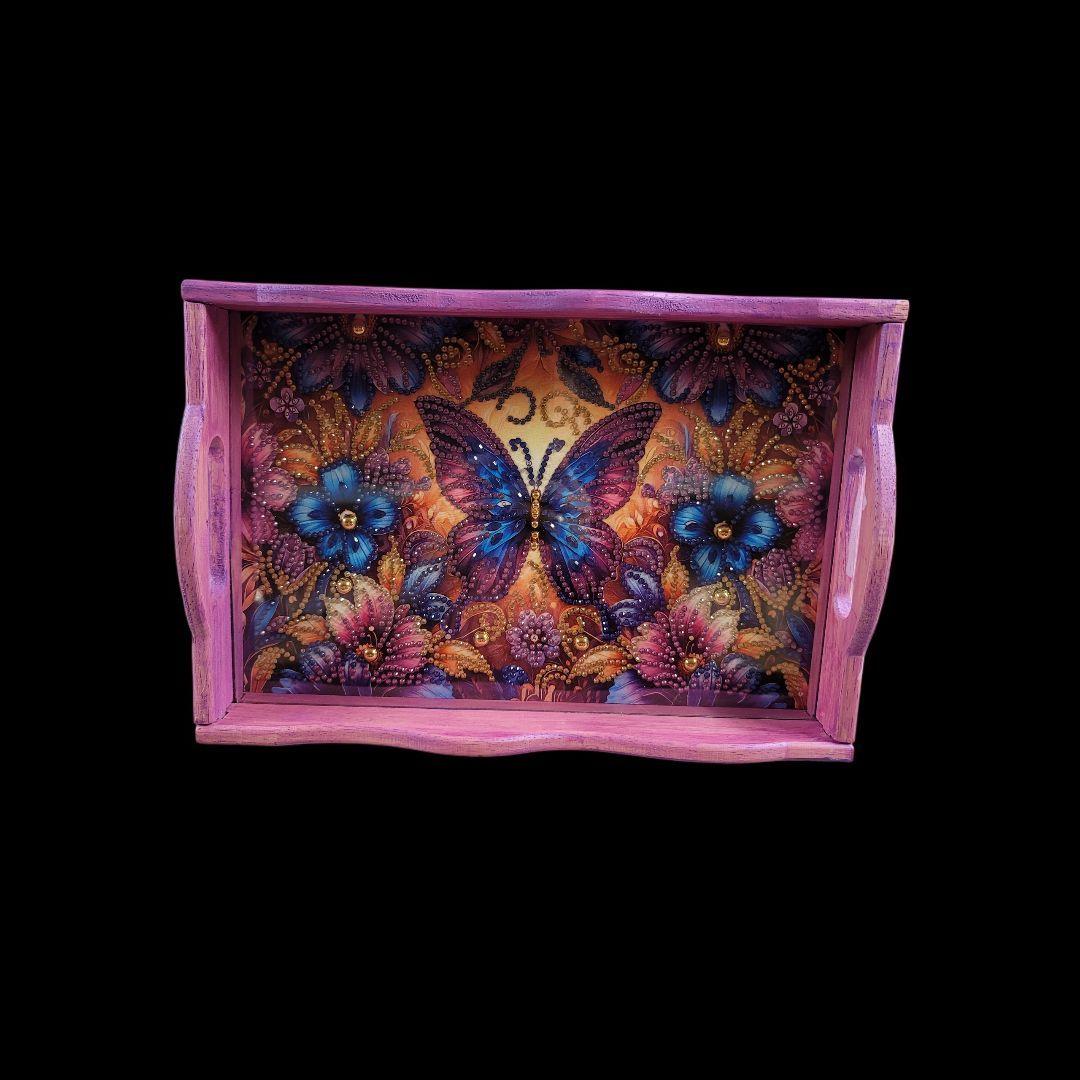 Serving Tray, Butterfly & Flowers Diamond Art Wooden Cutout Handles ...