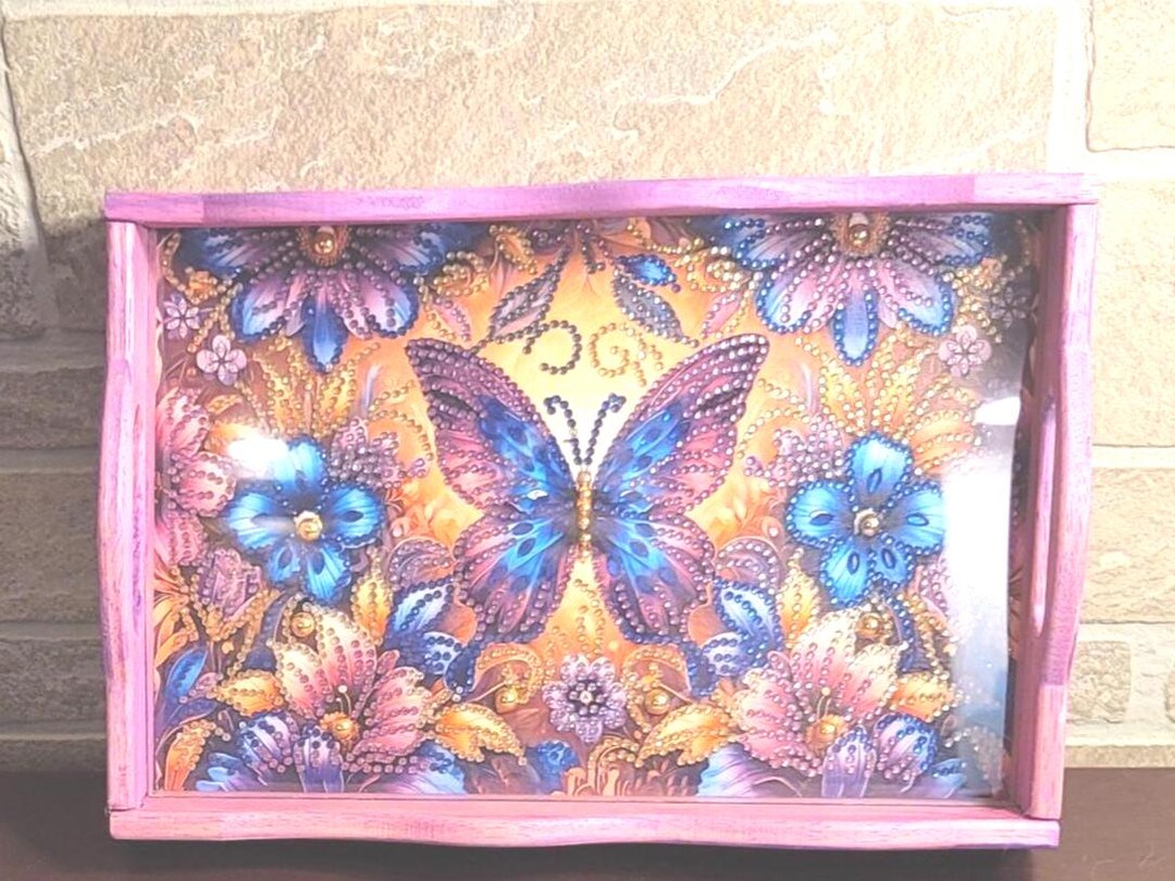 Serving Tray, Butterfly & Flowers Diamond Art Wooden Cutout Handles ...