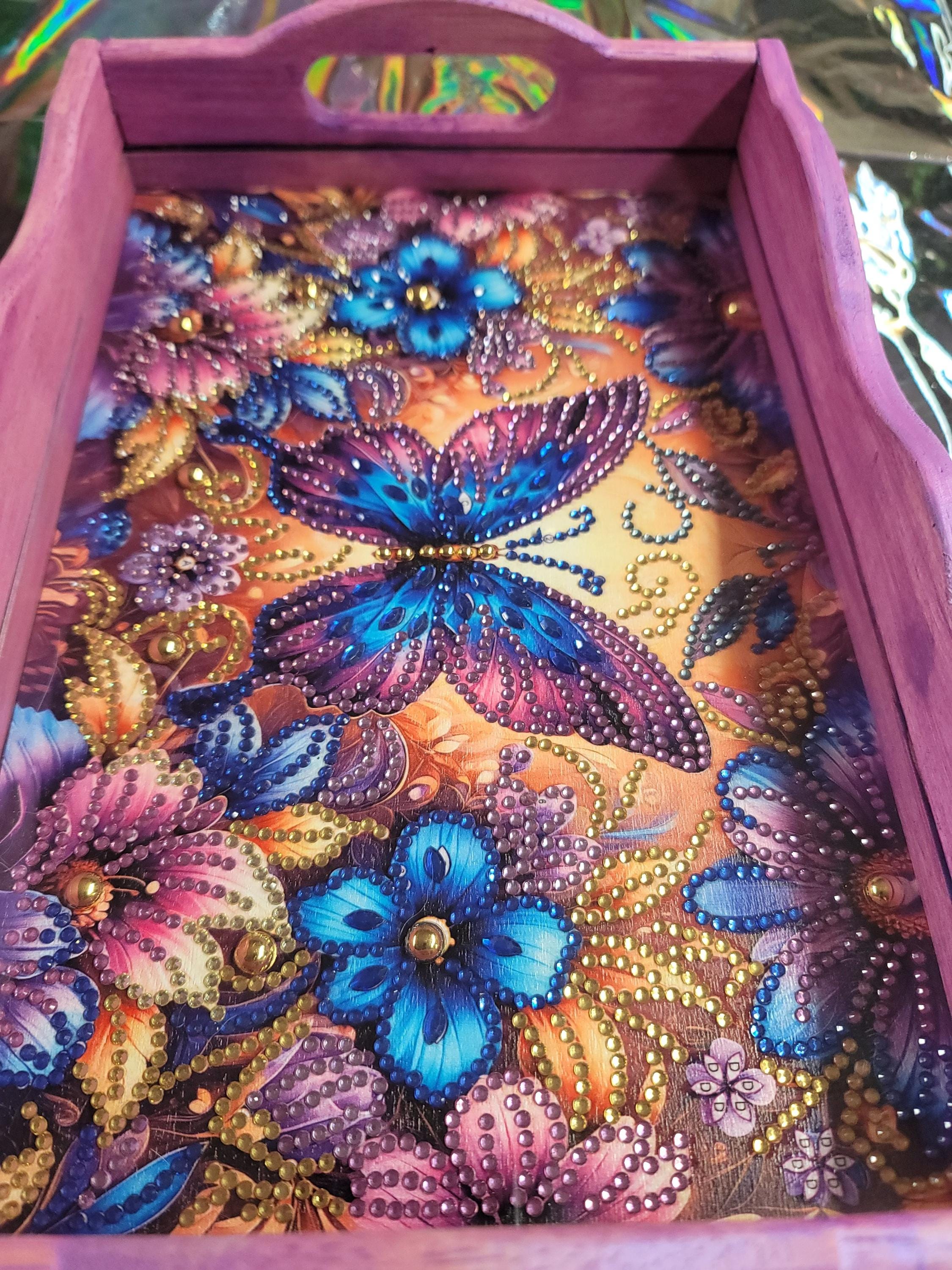 Serving Tray, Butterfly & Flowers Diamond Art Wooden Cutout Handles ...
