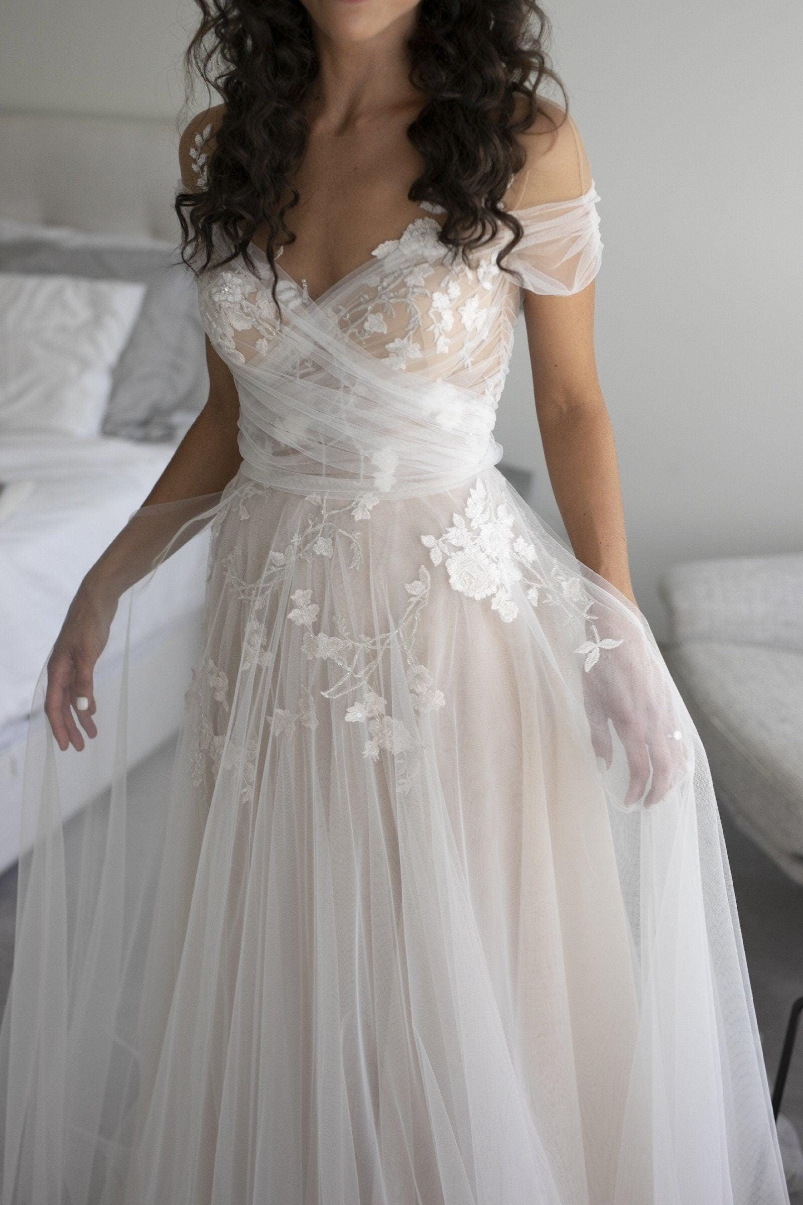 Naomi - Floral Applique off the Shoulder Bridal Gown - Floor Length - Etsy