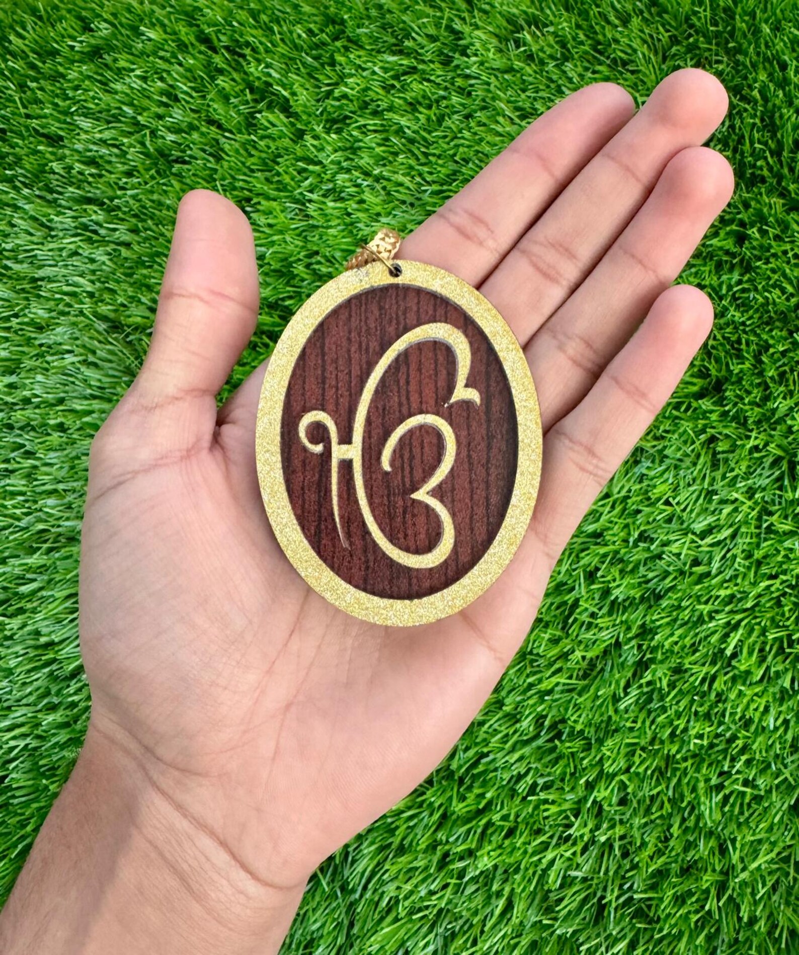 Wooden Sikh Ik Onkar Car Hanging Pendant Ornament Mahogany Gold Colour ...