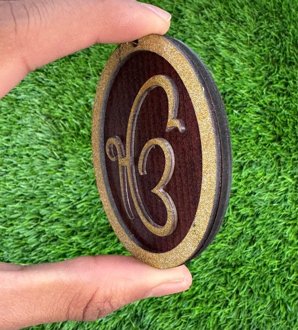 Wooden Sikh Ik Onkar Car Hanging Pendant Ornament Mahogany Gold Colour ...