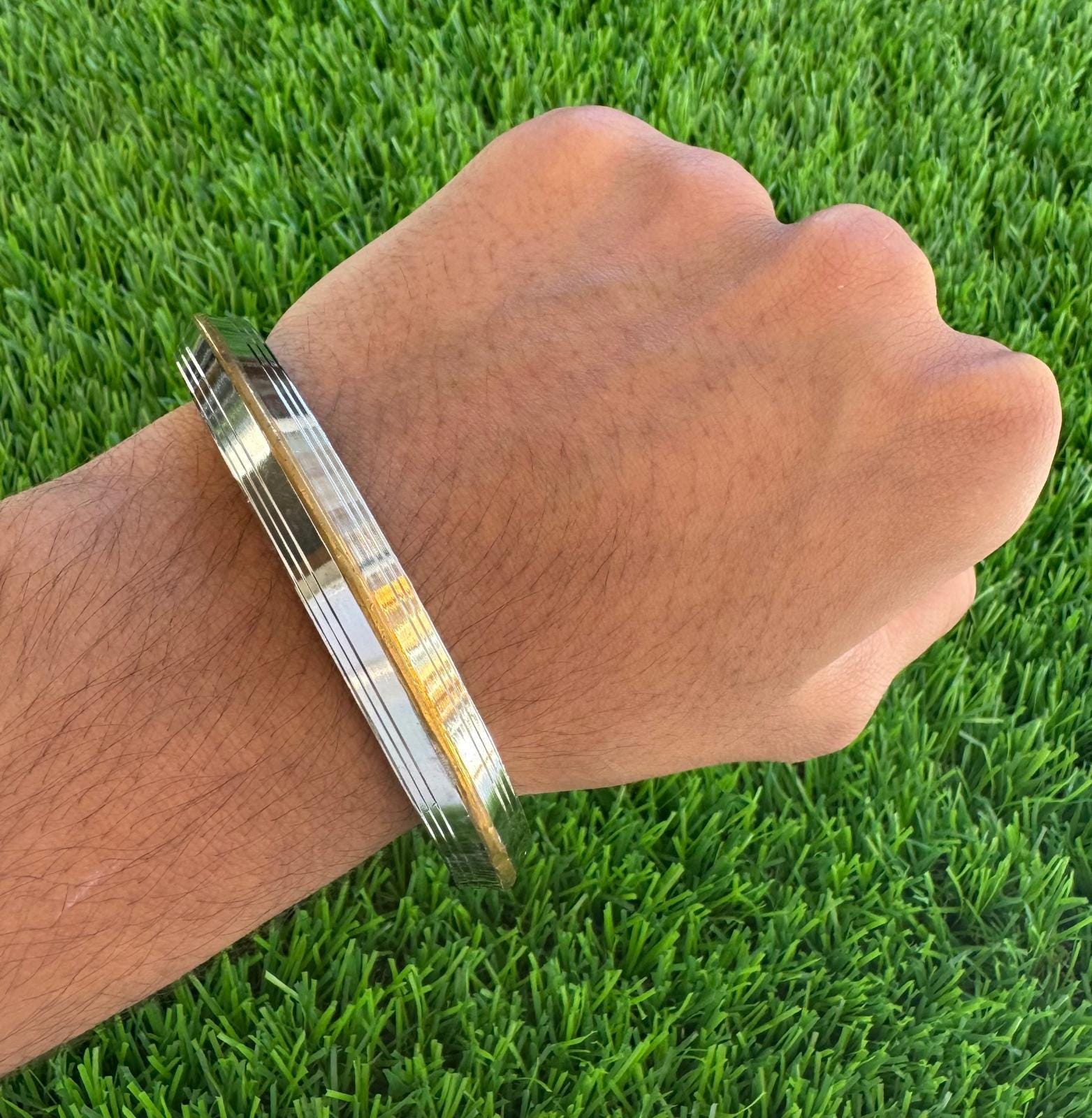 Sikh Kara Stainless Steel Thick Seven Lines Bracelet Brass Line Kada ...