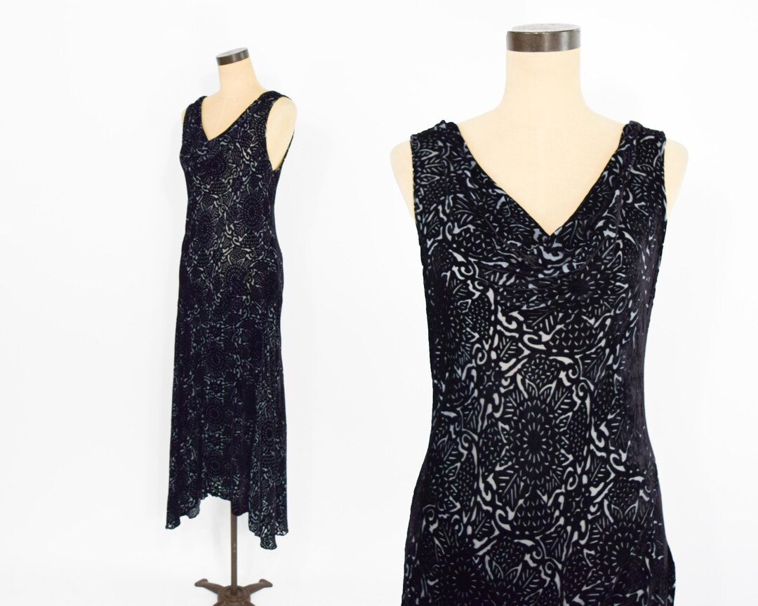 1990s Black Burnout Velvet Dress | Bias Cut Goth Maxi Dress - Etsy