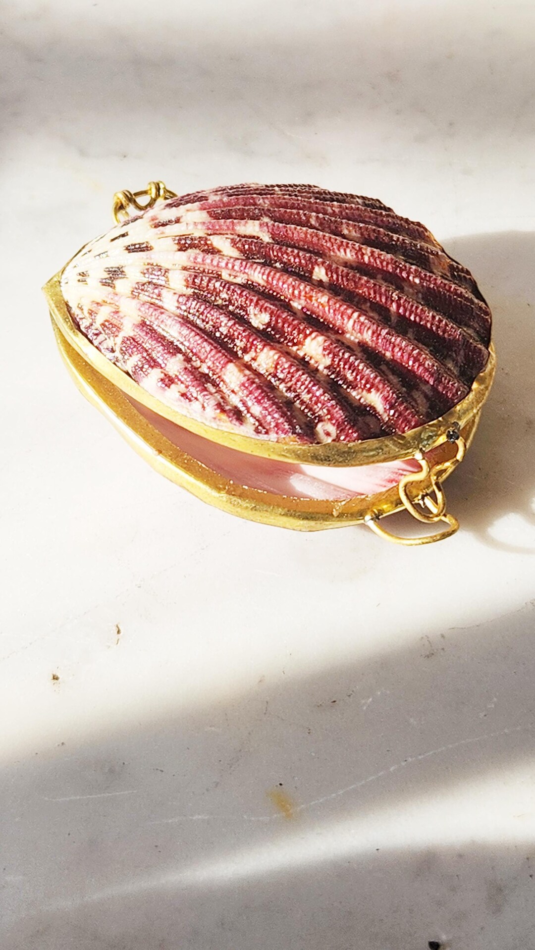 Vintage Red Clam Shell Sea Shell Brass Hinged Jewelry Box Elegant ...