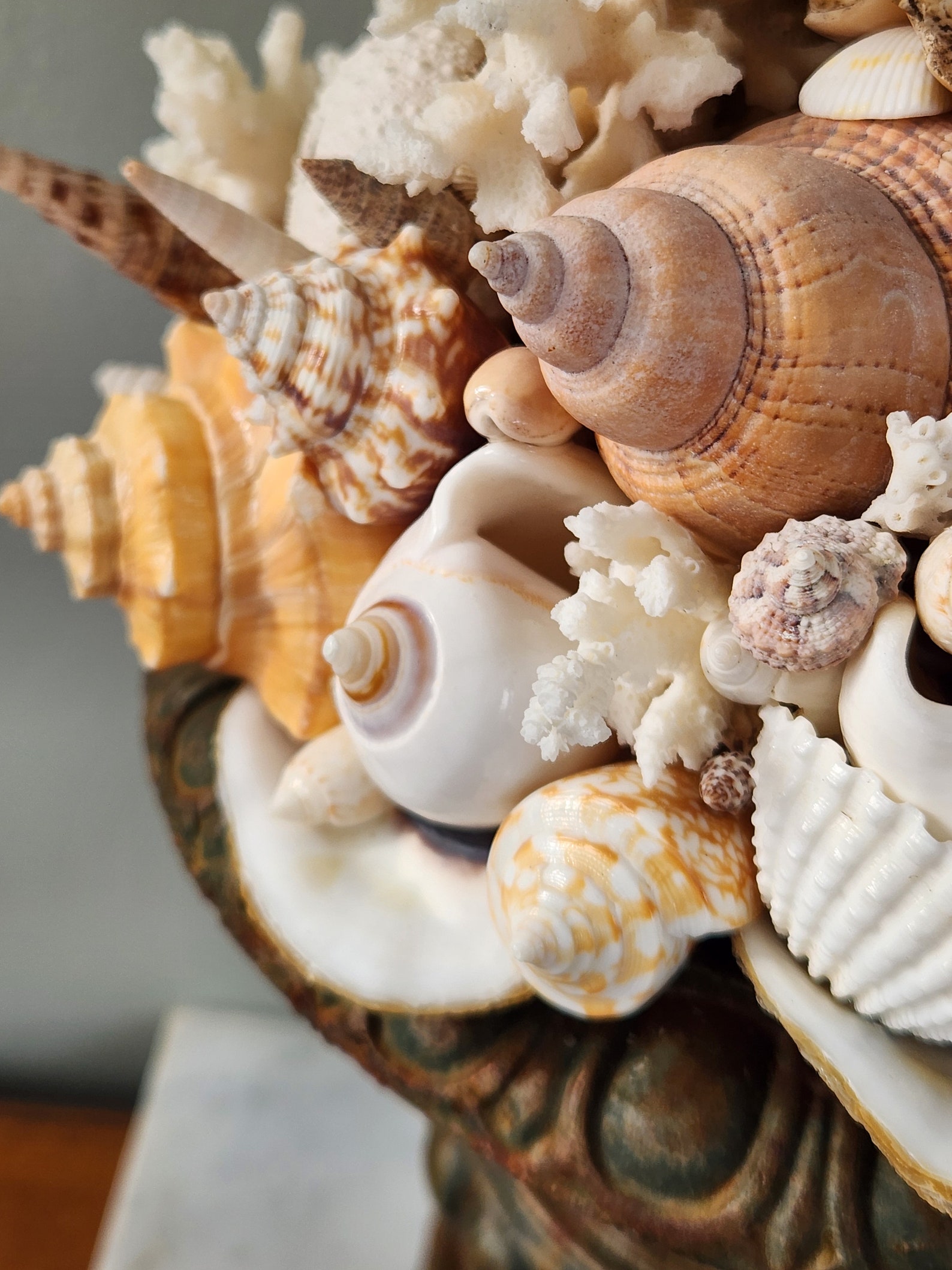Seashell and Cast Iron Urn Sculpture Topiary Table Centerpiece | Coast ...