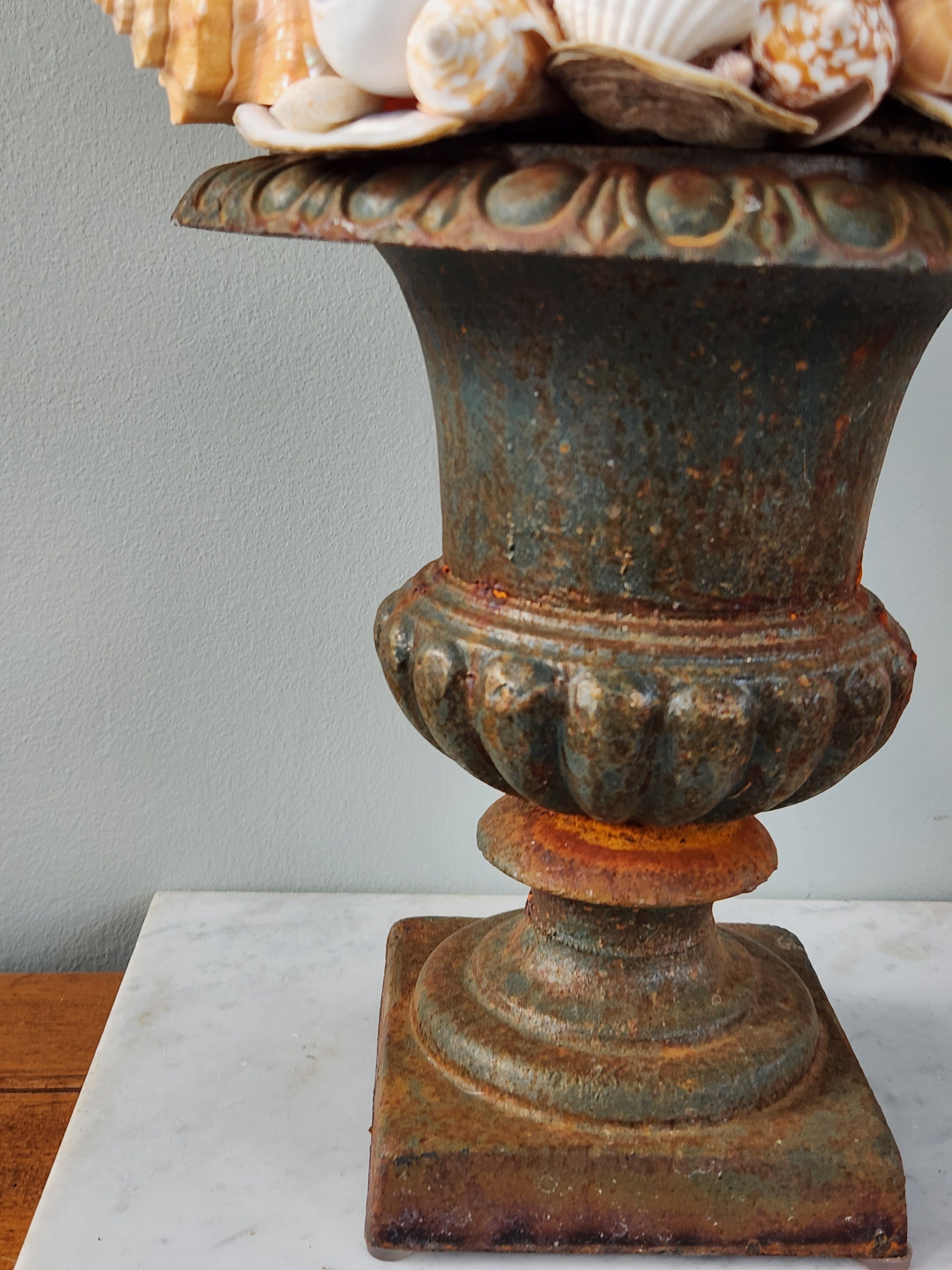 Seashell and Cast Iron Urn Sculpture Topiary Table Centerpiece | Coast ...