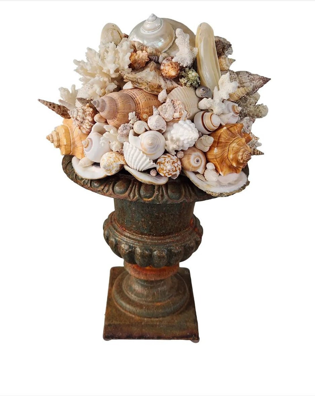 Seashell and Cast Iron Urn Sculpture Topiary Table Centerpiece | Coast ...