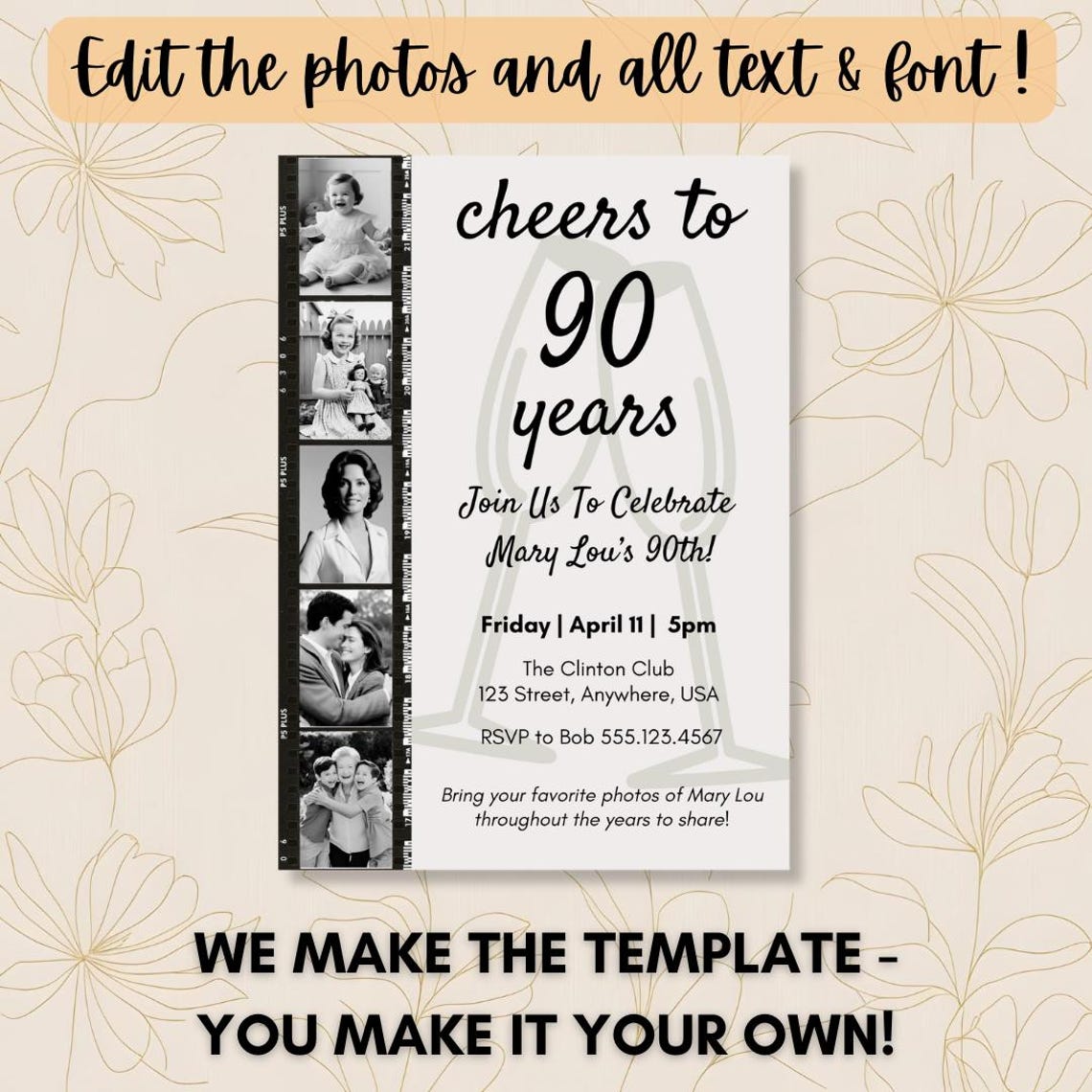 Editable 90th Birthday Invitation Printable Birthday Invitation Look ...