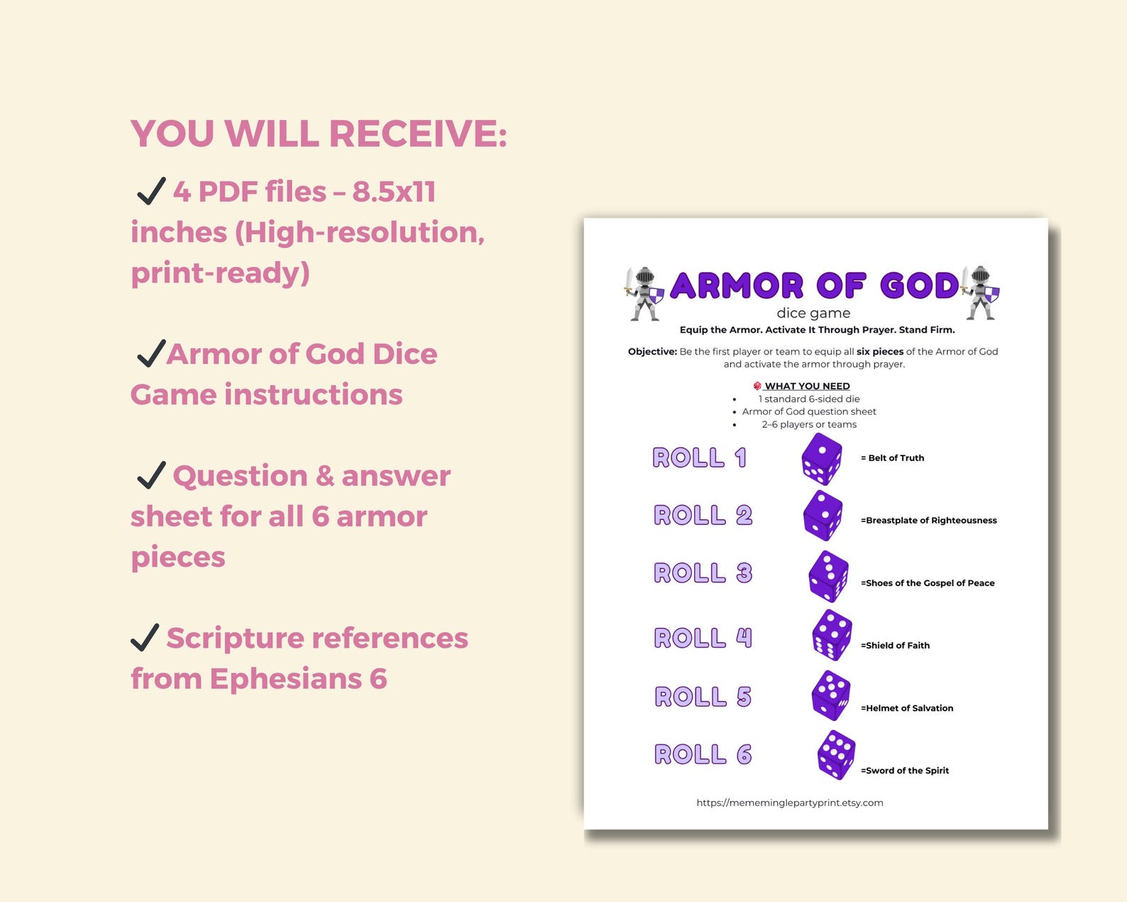 Full Armor of God Dice Game Printable for Adult & Youth Bible Study ...