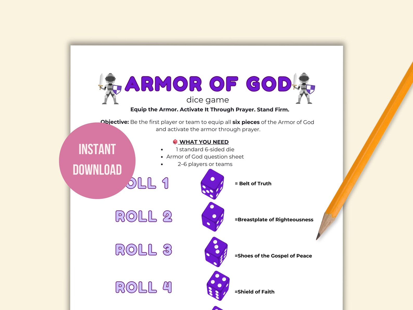 Full Armor of God Dice Game Printable for Adult & Youth Bible Study ...