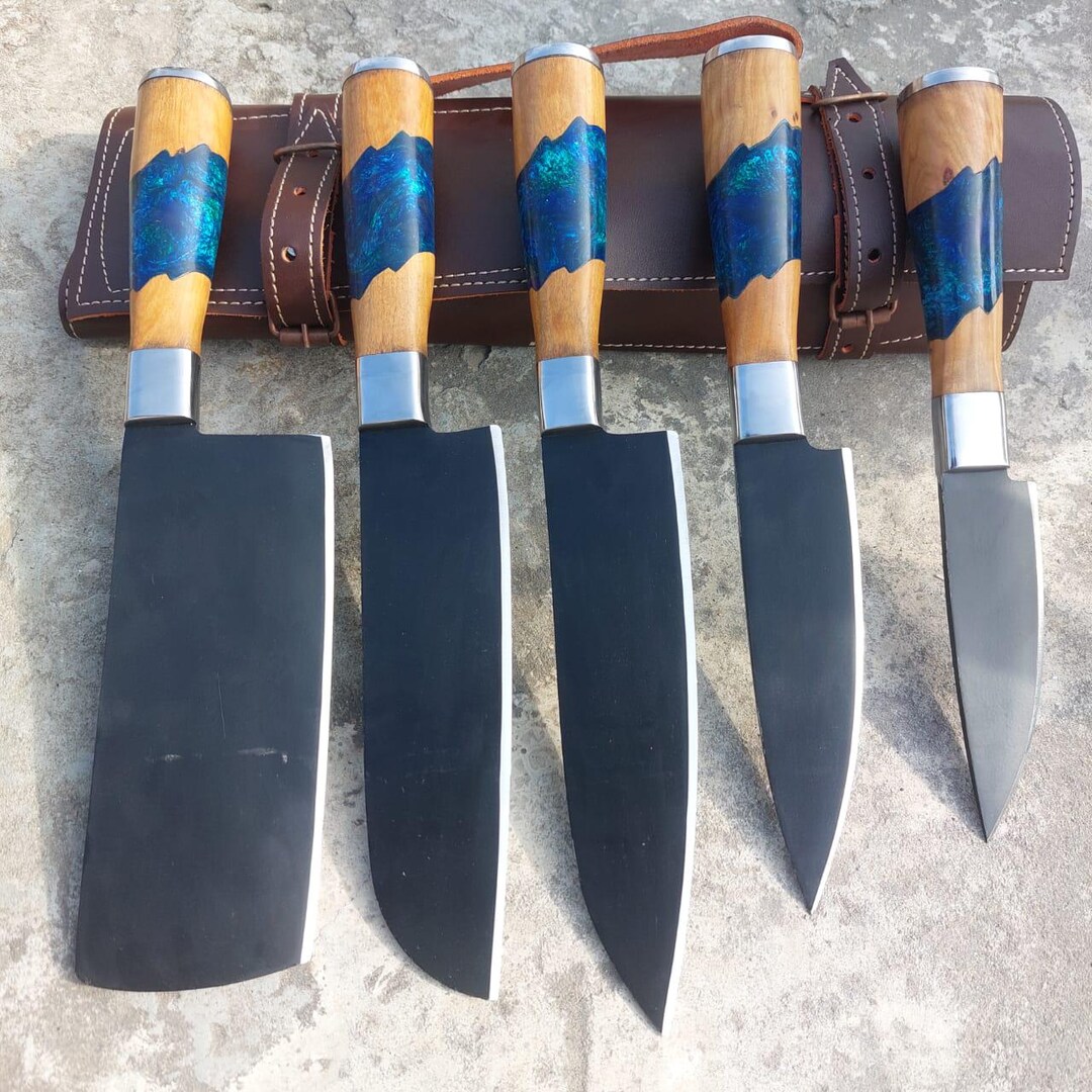 Valentine Gift Chef Knife Set of 5 Black Carbon Steel Kitchen Knives ...