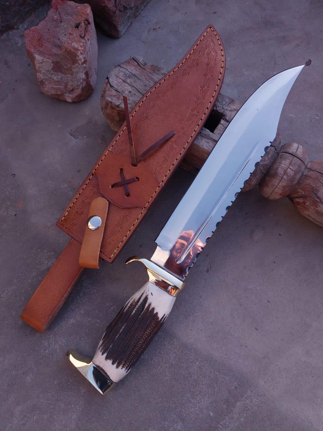Custom Handmade Stag Handle Bowie Knife D2 Steel Hunting & Survival ...