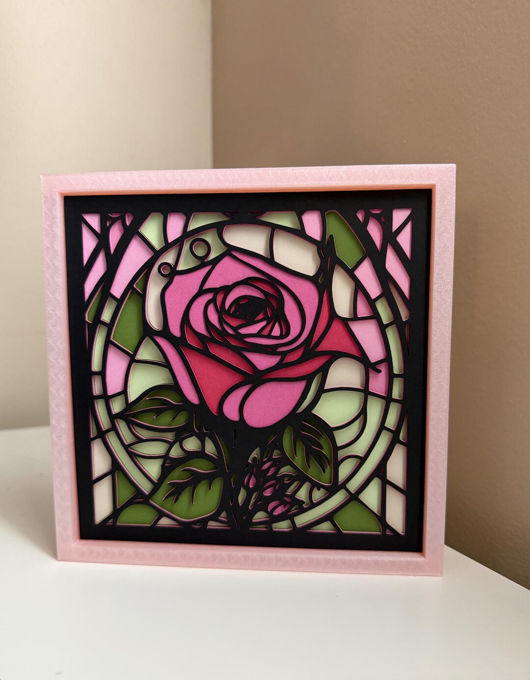 Rose Shadowbox | 6.5x6.5 Layered Paper Rose Art | 3D Printed Frame ...