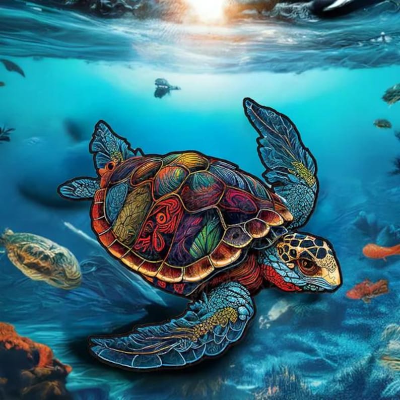 Handcrafted Wooden Jigsaw Puzzle, Large Sea Turtle Art, Home Decor Gift ...