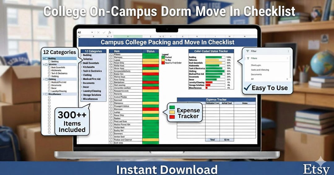 College Dorm Packing List Tracker 300+ Item Move-in Checklist Editable ...