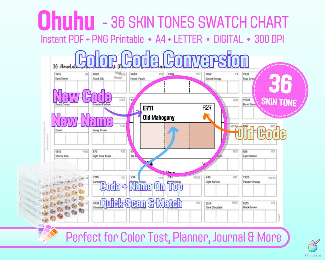 Ohuhu Honolulu Skin Tones Swatch Chart: Color Code Conversion (PDF/PNG ...