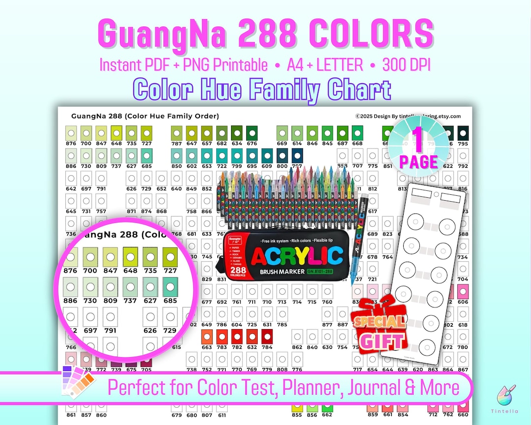 Guangna 288 Colors Acrylic Brush Marker Swatch Chart Digital Download ...