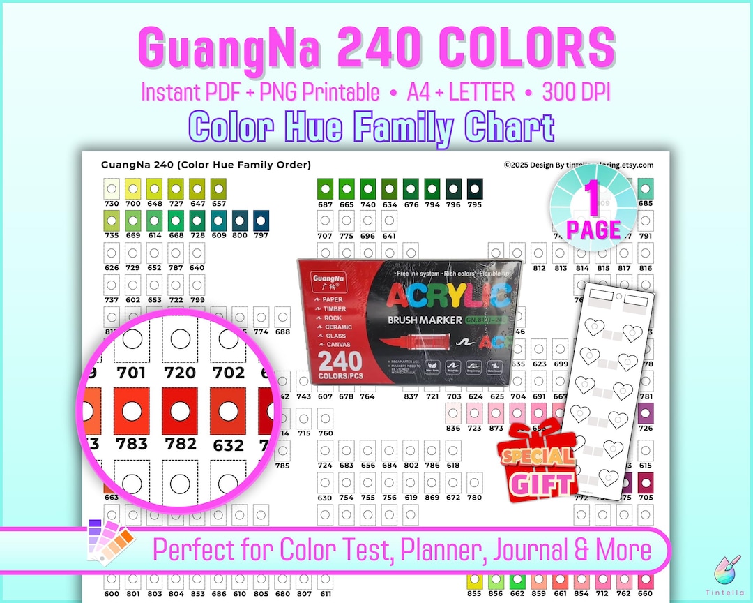 Guangna Acrylic Brush Marker Swatch Chart: 240 Color Template (digital ...