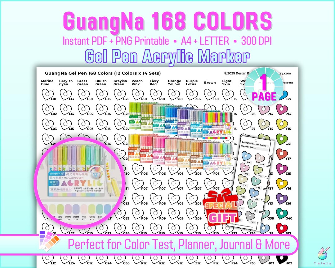 Guangna 168 Gel Pen Heart Swatch Chart Template A4 Letter Printable ...