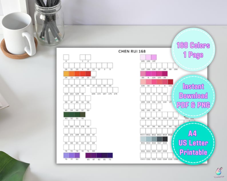 Chen Rui 168 Marker Swatch Chart: Printable Color Guide (A4 & US Letter ...