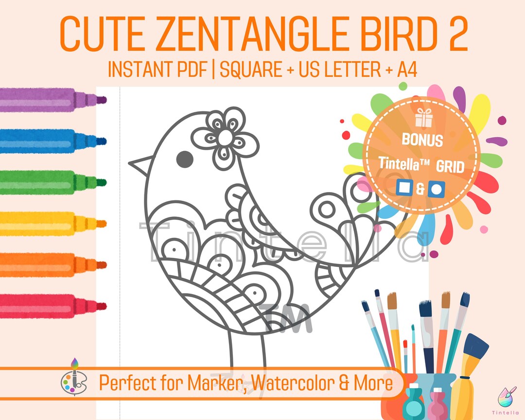CZB2 – Zentangle Bird Coloring Page – Cute, Easy & Bold for Beginners ...