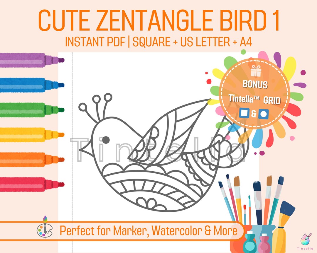 CZB1 – Zentangle Bird Coloring Page – Cute, Easy & Bold for Beginners ...