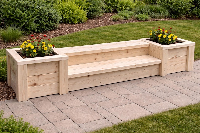 Planter Bench Plan – Outdoor DIY Woodworking PDF, Integrated Planters ...