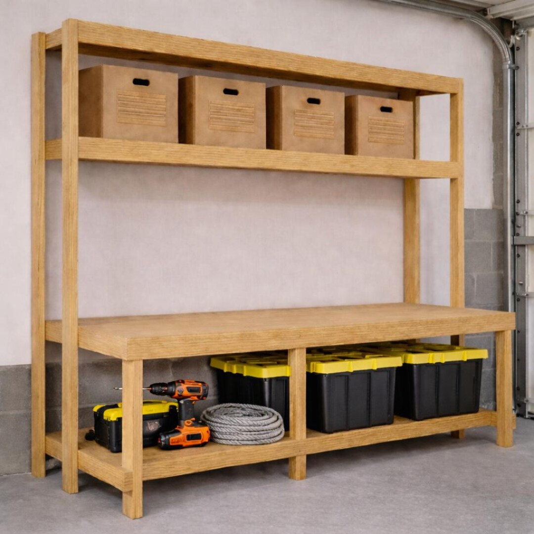 DIY Wooden Workshop Storage Shelf Plans – Heavy Duty Garage Shelving ...