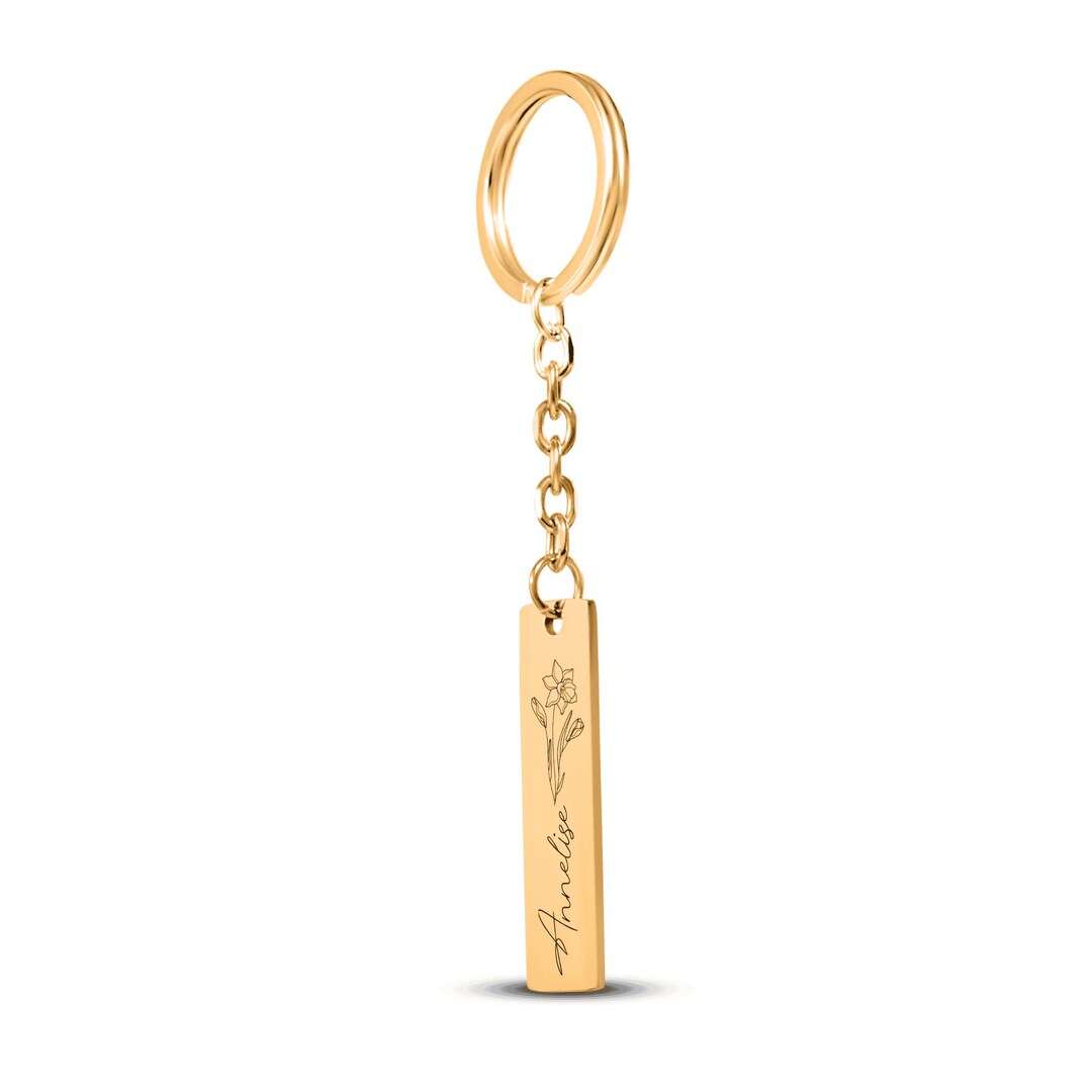 Custom Birth Flower Bar Keychain - Engraved Name & Floral Design ...