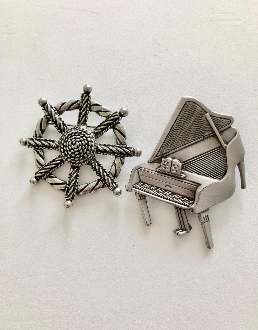 Lot of Two Vintage JJ Pewter Grand Piano and Ship Wheel Signed Brooches ...