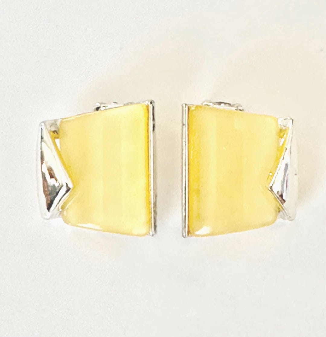 Vintage Signed Charel Clip on Earrings Silver Tone Yellow Thermoset - Etsy