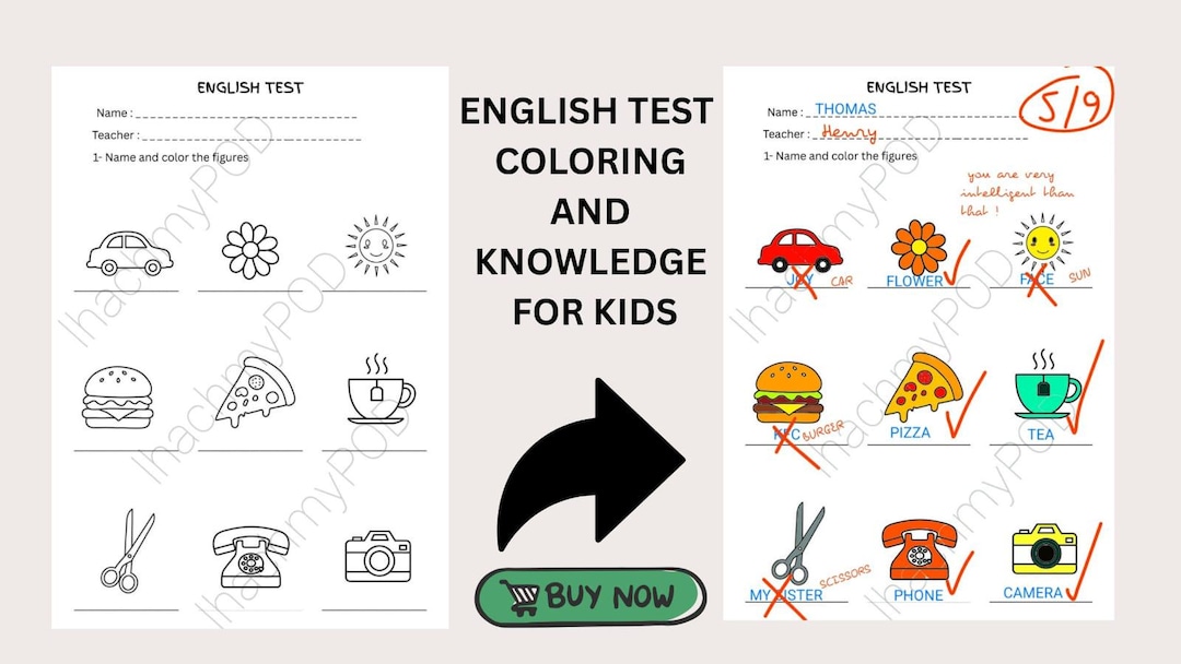 10 Page Fun English Test for Kids ,printable PDF ,coloring & Learning ...