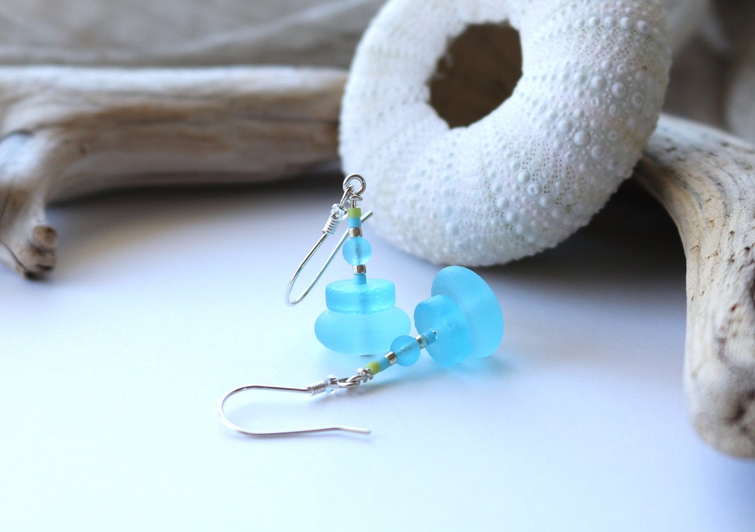Aqua Stacks Blue Cultured Sea Glass Earrings Blue & Green Jewellery ...