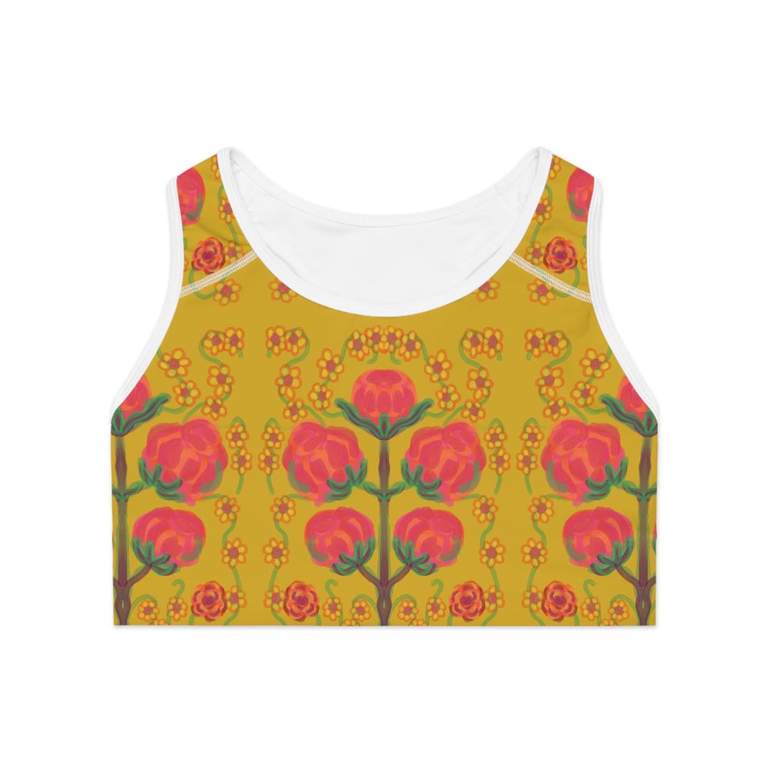 Vintage Boho Rose Sports Bra, Colorful Floral Workout Top, Yoga Fitness ...