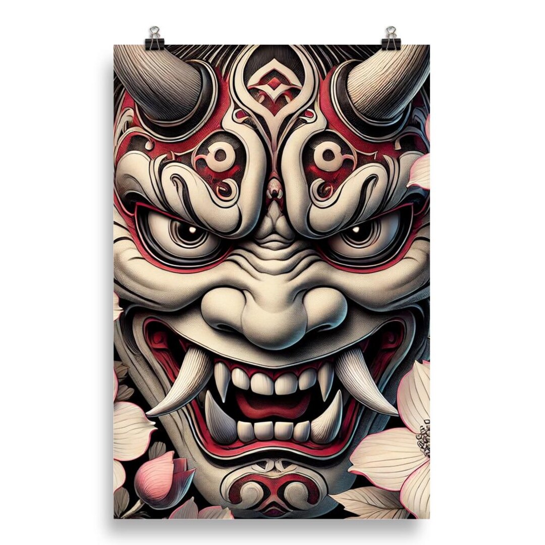 Pink Petal Oni Poster – Japanese Oni Art, Tattoo-inspired Demon Mask ...