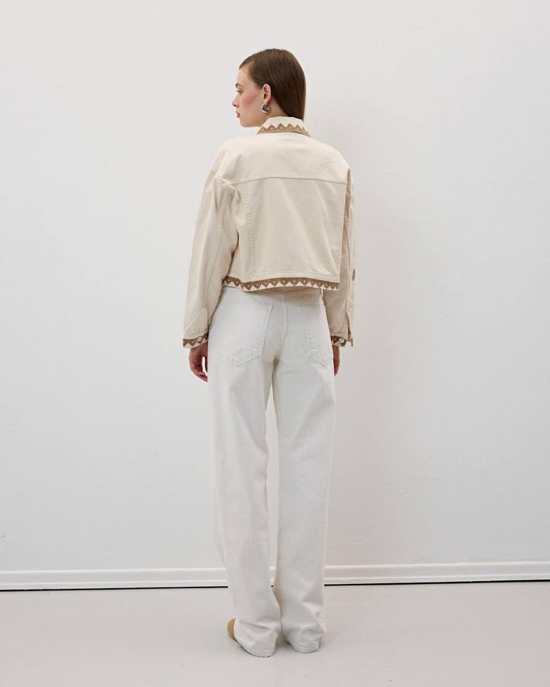 Beige Denim Crop Jacket for Women With Floral Embroidery – Button Front ...