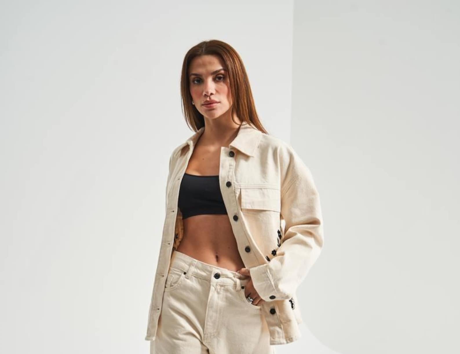 Women's Cream Denim Jacket Shirt – Black Floral Embroidered Oversized ...