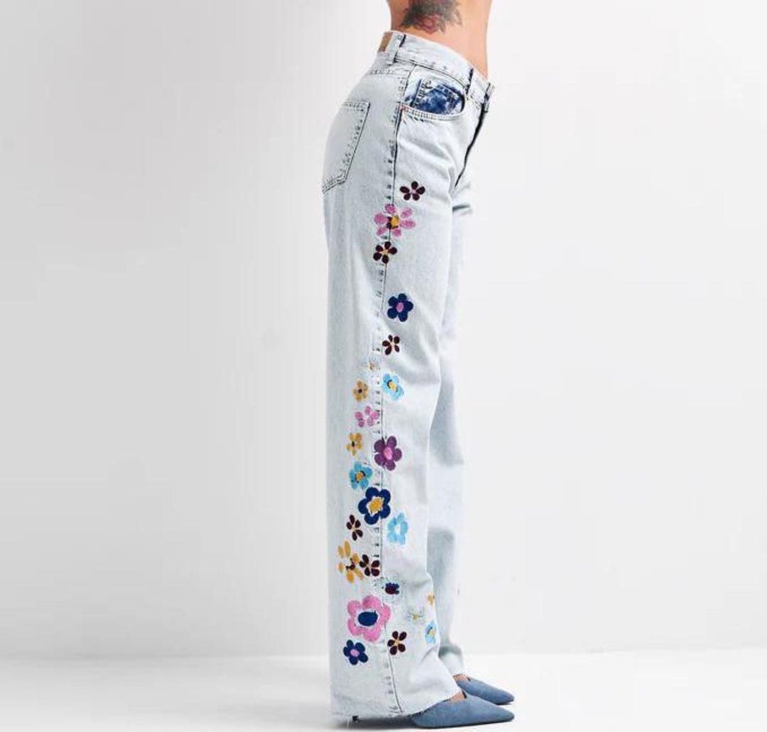 Boho Women’s Snow Wash Denim Jeans With Floral Embroidery - Loose Fit ...