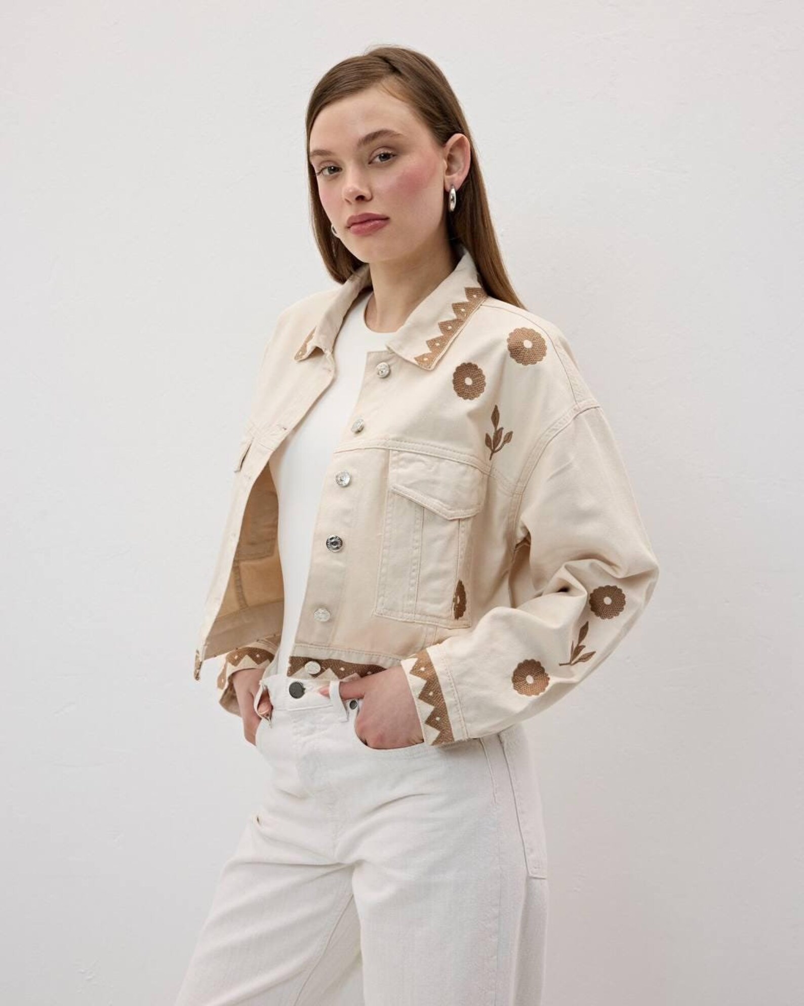 Beige Denim Crop Jacket for Women With Floral Embroidery – Button Front ...